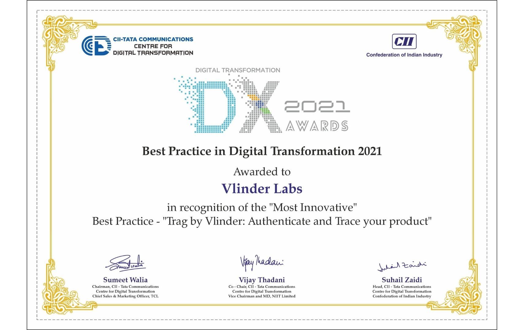 Vlinder Labs won CII Dx award for ‘Most Innovative Best Practice in Digital Transformation’ 2021